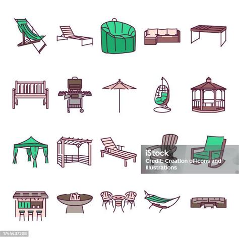 Garden Furniture Color Line Icons Set Pictograms For Web Page Stock