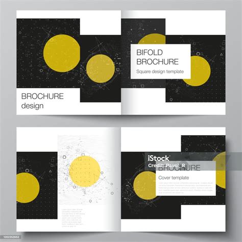 사각형 디자인 Bifold 브로셔 잡지 전단지 소책자를위한 두 개의 표지 템플릿의 벡터 레이아웃 동적 입자가 있는 과학 또는