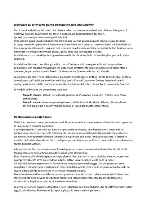 Riassunto La Divisione Dei Poteri Bognetti Appunti Di Diritto