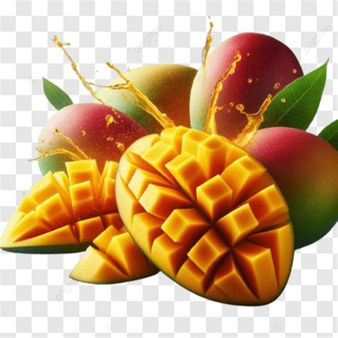 즙이 많은 익은 망고 조각과 튀는 주스 여름 열대 과일 잘 익은 망고의 즙이 많은 조각 튀는 주스와 함께 여름 열대 과일 Png 일러스트 및 이미지 에 대한 무료