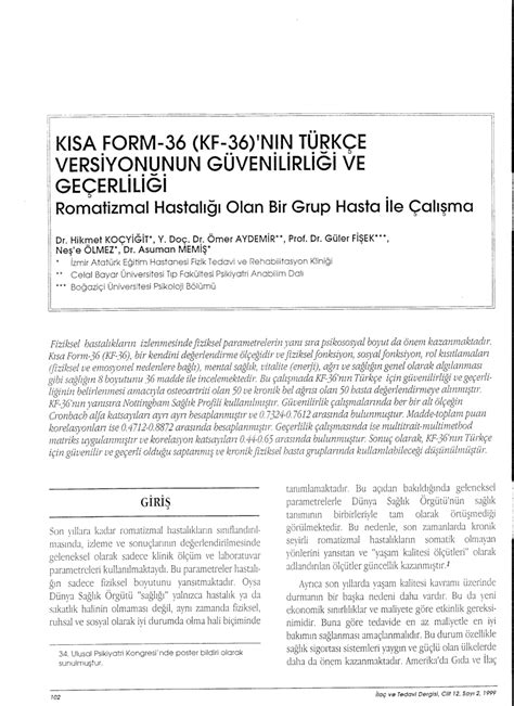 Pdf Validity And Reliability Of Turkish Version Of Short Form 36 A