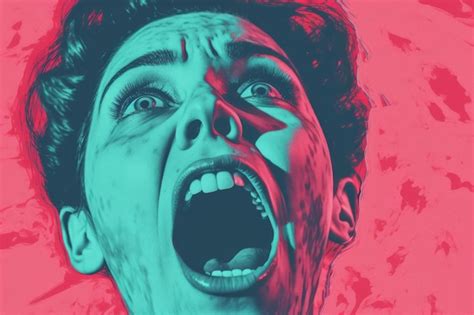 Premium Photo A Woman Screaming With Her Mouth Open In Front Of A Pink And Blue Background