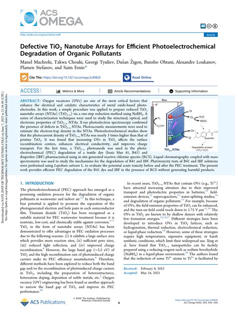 Pdf Defective Tio 2 Nanotube Arrays For Efficient Photoelectrochemical Degradation Of Organic
