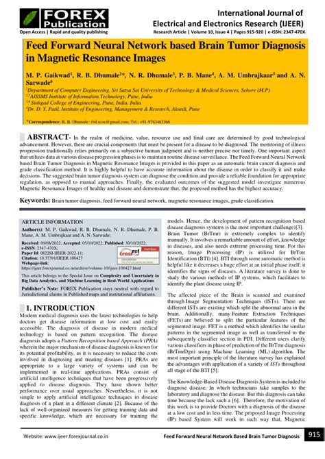 Pdf Feed Forward Neural Network Based Brain Tumor Diagnosis In Magnetic Resonance Images