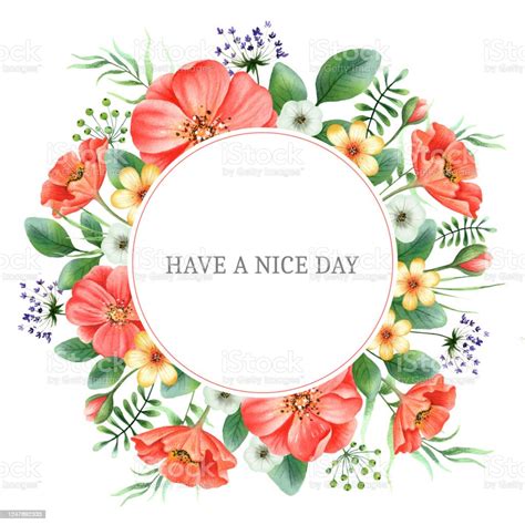 붉은 로즈힙 양귀비 작은 여름 꽃과 잎수채채 수채화 손 그린 원 테두리 라벨 표지 스티커 결혼식 초대장 날짜 인사를 저장하기위한 꽃 디자인 흰색 배경에 격리 양귀비 식물에