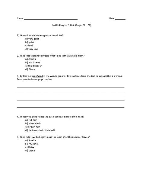 Lyddie Chapter 9 Quick Quiz Pages 62 66 By Teacher Chips School Store