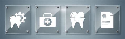 치과 카드가있는 클립 보드 교정기가있는 치아 구급 상자 및 치아 치료 절차를 설정합니다 정사각형 유리 패널 벡터 1위에 대한 스톡 벡터 아트 및 기타 이미지 Istock