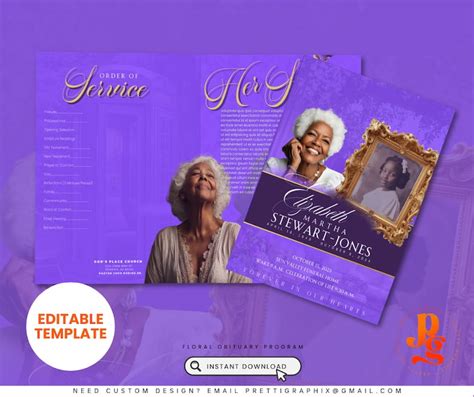 Editable Purple Floral Obituary Program Template Canva Funeral Program