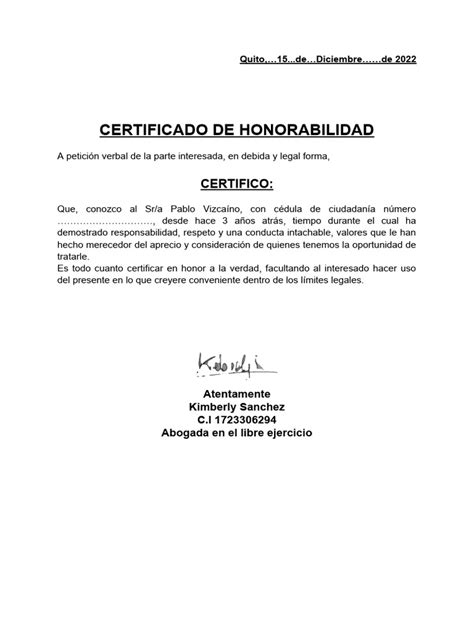 Certificado De Honorabilidad Word Pdf