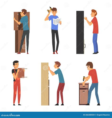 Men Assembling Furniture Set Male Characters Making Wooden Furniture