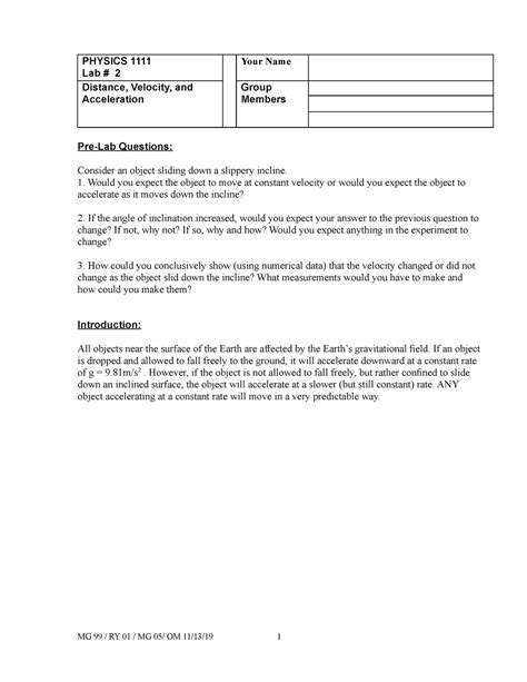 LAB Distance Velocity And Acceleration A PHYSICS Lab Your Name Distance Velocity