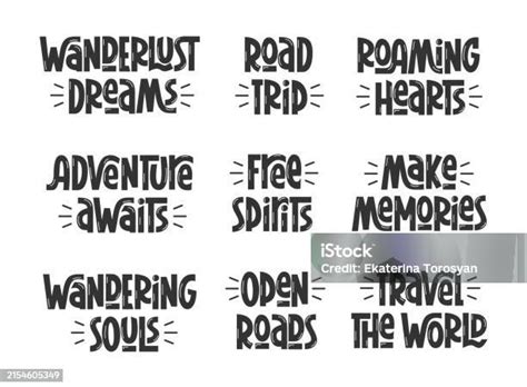 여행 동기 부여 영감 따옴표 세트 벡터 손 Lettering 의 짧은 문구 모험 테마 세계를 여행하고 방랑벽의 꿈을 꾸고 여행을