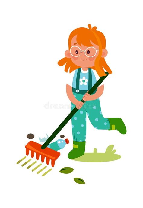 Girl Picking Up Trash With A Rake Stock Vector Illustration Of