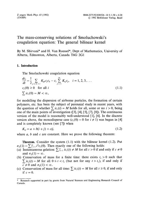 Pdf The Mass Conserving Solutions Of Smoluchowskis Coagulation Equation The General Bilinear