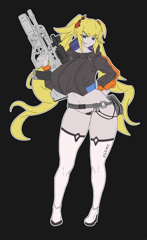 Rule 34 Assault Rifle Blonde Hair Blue Eyes Gun Looking At Viewer