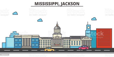 미시시피 Jacksoncity 스카이 라인 건축 건물 거리 실루엣 풍경 파노라마 랜드마크 아이콘 편집 가능한 스트로크입니다 평면