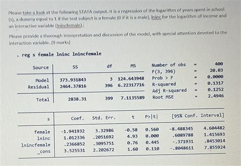 Solved Please Take A Look At The Following STATA Output It Chegg Com