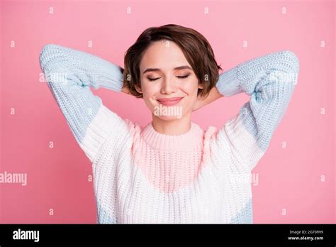 Portrait Of Pretty Lady Hands Behind Head Closed Eyes Have Good Mood Isolate Don Pink Color