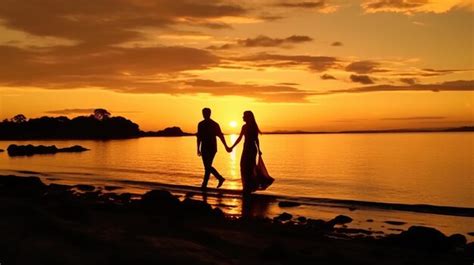 Silueta De Una Pareja Caminando En La Puesta De Sol En La Playa Foto