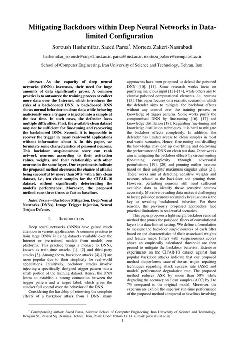 PDF Mitigating Backdoors Within Deep Neural Networks In Data Limited
