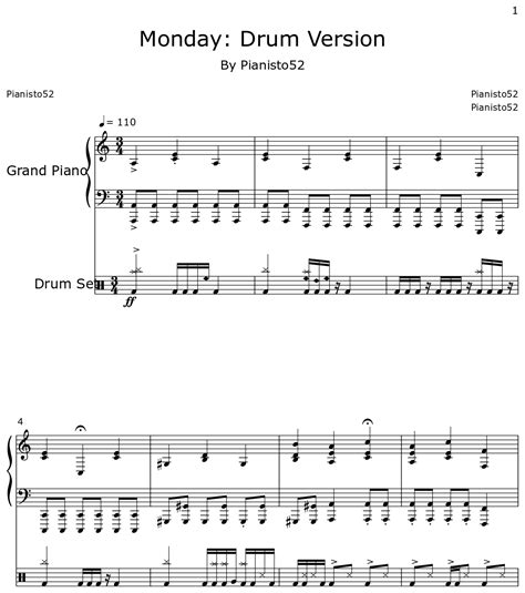 Monday Drum Version Sheet Music For Piano Drum Set