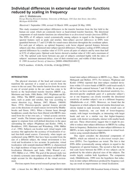 Pdf Individual Differences In External Ear Transfer Functions Reduced By Scaling In Frequency