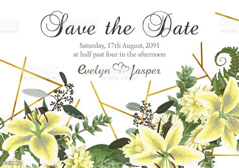 결혼식 꽃 초대 초대 카드 수채화 녹색 숲 잎 고 사리 가지 Buxus 유칼립투스 벡터 화이트 릴리 거 베라 달리아의 꽃입니다 흰색 배경에 가로 텍스트 0명에 대한 스톡