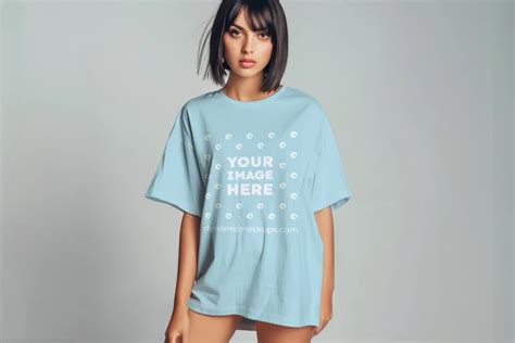 Woman Wearing Light Blue T Shirt Mockup Front View Template