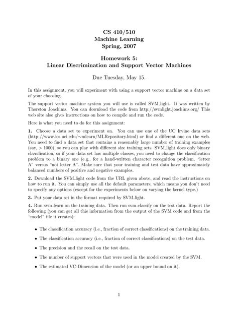 Linear Discrimination And Support Vector Machines Homework 5 Cs 410