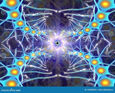 Fractal Of Blue Neuronal Cells With An Electrical Signal From The Eye