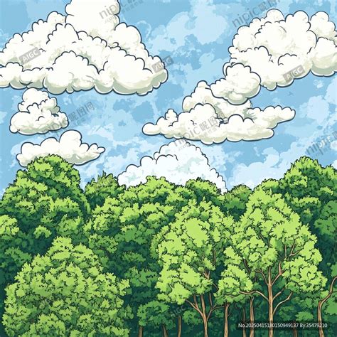 Ai创作图蓝天 白云 森林 树木 绿植 自然 风景 卡通 插画 草地 树冠 阳光 清新 生态 林地 昵图网