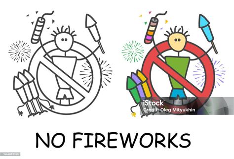 아이들의 스타일에 불꽃 놀이를 가진 재미 있는 벡터 스틱 남자 불꽃 표지판 빨간색 금지 없음 정지 기호입니다 지역 장소에 대한 금지 아이콘 스티커 흰색 배경에 격리 위험에