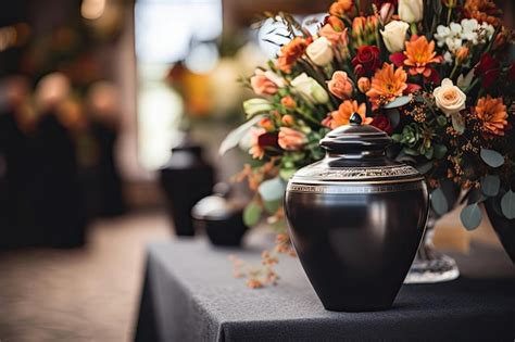 Premium Ai Image Decorative Urn With Ashes And Flowers In Funeral
