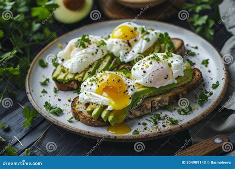 Avocado Toast With Poached Eggs Healthy Breakfast Stock Image Image