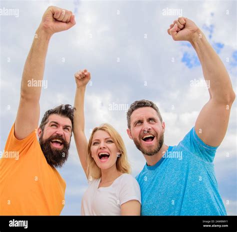 Woman And Men Look Confident Successful Sky Background Behaviors Of