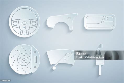 앞유리 와이퍼 자동차 도어 핸들 캘리퍼가 있는 브레이크 디스크 머플러 펜더 및 스티어링 휠 아이콘을 설정합니다 벡터 로고에 대한 스톡 벡터 아트 및 기타 이미지 Istock