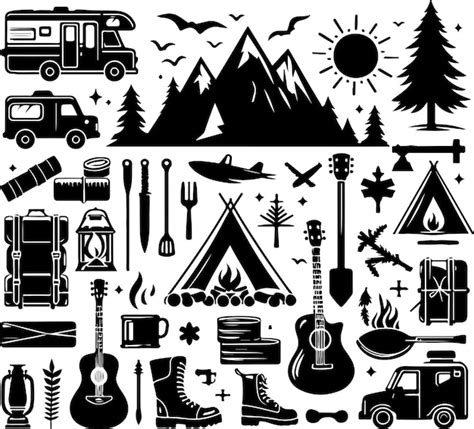 캠핑 요소의 집합 검은 실루 터 일러스트레이션 프리미엄 Ai 생성 벡터
