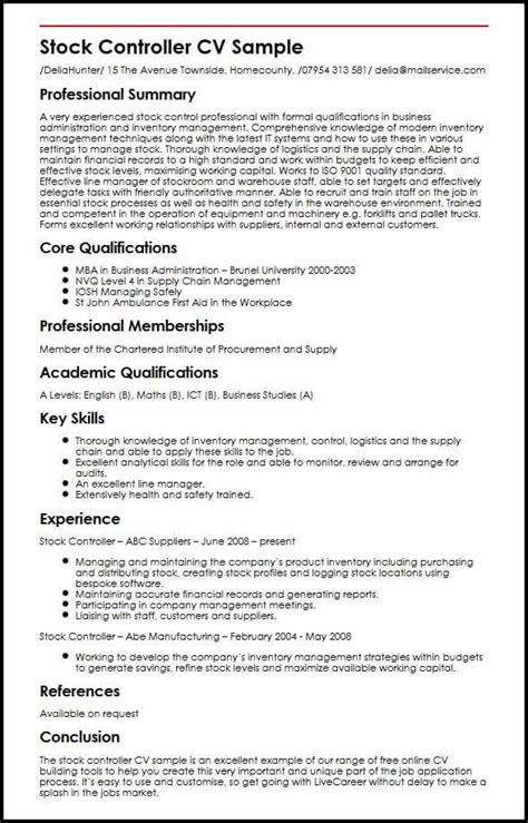 Stock Controller Cv Examples Tips And Templates Myperfectcv