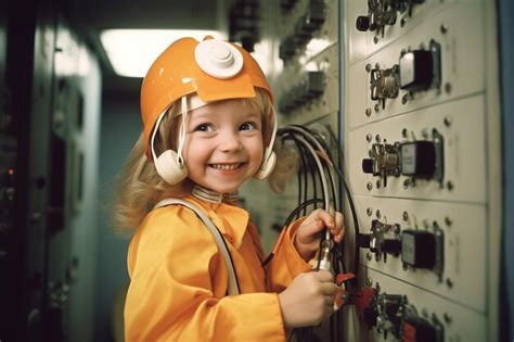 Premium Ai Image Happy Girl In Electrician Costume With Generative Ai