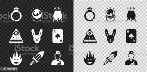 보석 공 마녀 가마솥 불불꽃 중세 칼 마법사 틀록 메이슨과 토끼 귀 아이콘매직 돌 링을 설정합니다 벡터 Freemasons에 대한 스톡 벡터 아트 및 기타 이미지 Istock