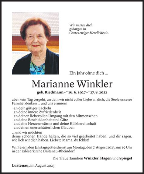 Todesanzeigen Von Marianne Winkler Todesanzeigen Vorarlberger Nachrichten