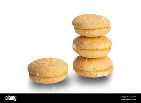 Stack Of Delicious Homemade Small Round Cake Filled With Pineapple Jam Isolated On White