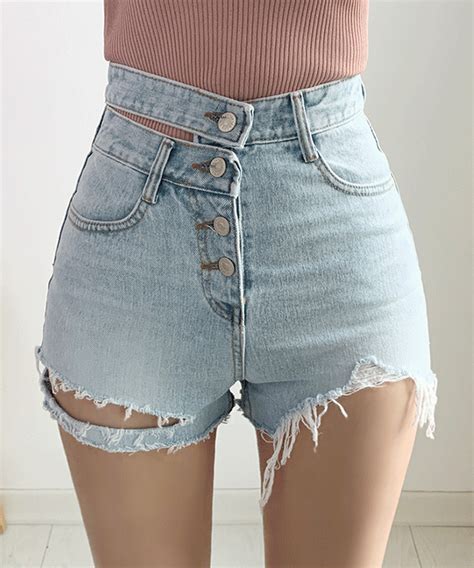 무배 핫썸머 허리트임 구제 숏팬츠 연청 하이웨스트 4버튼 데미지 헤짐 컷팅 데님반바지