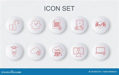 Set Line Laptop And Lock Scooter Document Lock On Monitor Open Padlock Time Management