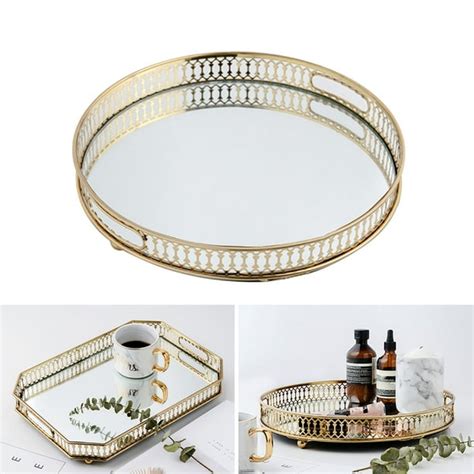 Decorative Tray Metal Glass Vintage Mirror Glass Storage Compartment