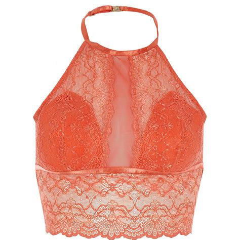Lyst River Island Red Halterneck Longline Lace Bra In Red