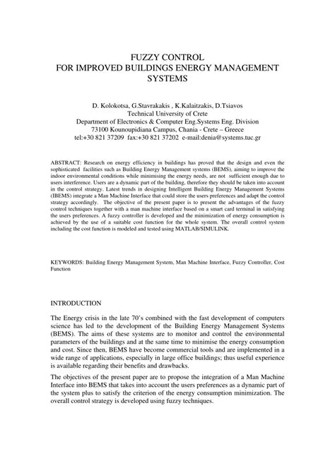 PDF FUZZY CONTROL FOR IMPROVED BUILDINGS ENERGY MANAGEMENT SYSTEMS