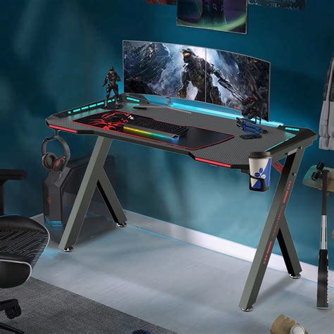 미디책상게임 데스크 Pc 컴퓨터 게이머 인체 공학적 워크 스테이션 Led 조명 헤드폰 후크 컵 홀더 홈 티몬