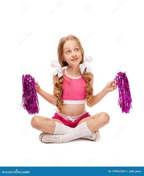 Girl In A Cheerleader Costume With A Pom Poms On A White Background