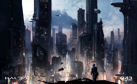 Halo 5 Guardians Concept Art Of A Futuristic City With A Soldier Hd